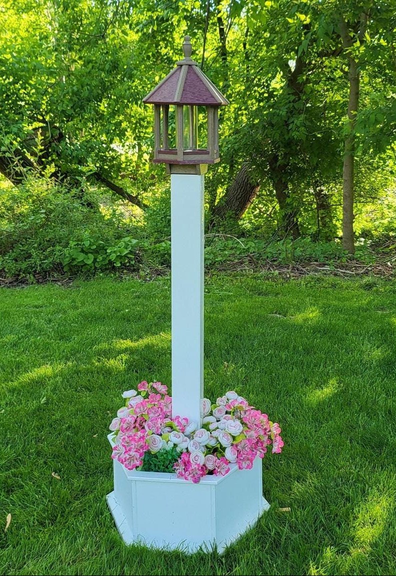 Bird Feeder + Post & Planter Kit - White - Planter/Post Set- Amish Han ...