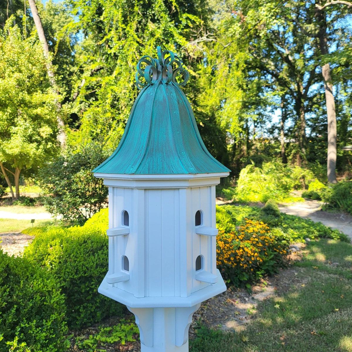Bell Patina Copper Roof Bird House With Curly Copper Design, 8 Nesting ...