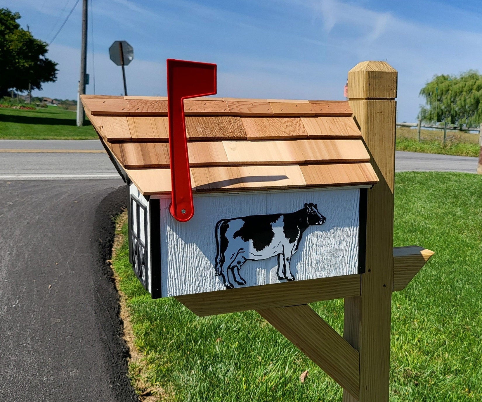 Cow Design Amish Mailbox, Handmade Barn Style Wooden Mailbox With Tall ...